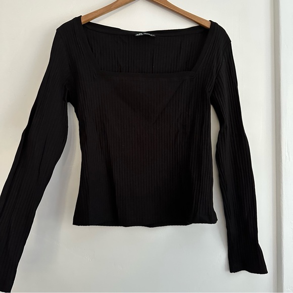 Zara | Tops | Zara Black Square Neck Ribbed Long Sleeve Top | Poshmark
